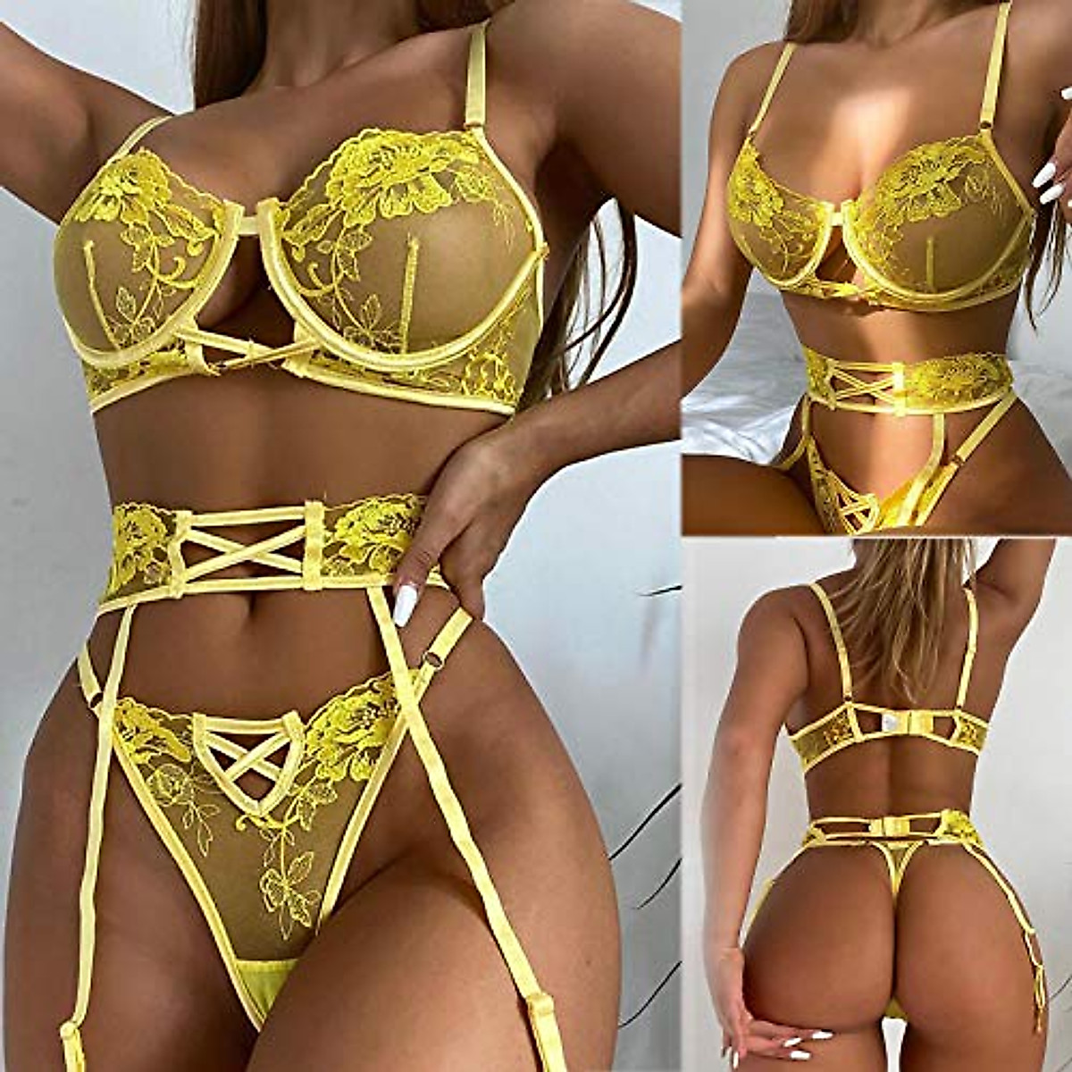 wodceeke Women's Sexy Sling Lace Plus Size Split Lingerie Embroidered Perspective Bodysuit Home Pajamas With Garter (Yellow, M)