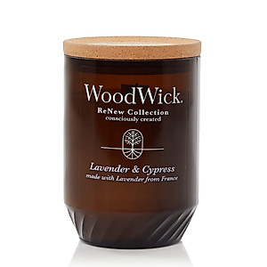 WoodWick® Renew Large Candle, Lavender & Cypress Scented Candles, 13oz, Plant Based Soy Wax Blend, Made with Upcycled Materials and Essential Oils, Up to 75 Hours of Burn Time