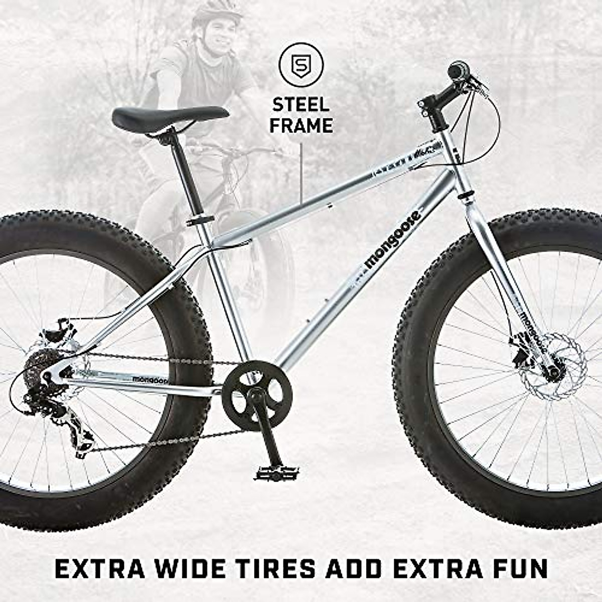Mongoose Malus Mens and Womens Fat Tire Mountain Bike, 26-Inch Bicycle Wheels, 4-Inch Wide Knobby Tires, Steel Frame, 7 Speed Drivetrain Bicycle, Shimano Rear Derailleur, Disc Brakes, Silver/Black