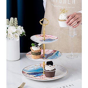Jusalpha Fine China Rainbow Galaxy Series 3-tier Cake Stand- Cupcake Stand- Tea Party Pastry Serving Platter in Gift Box and a Free Sugar Tong (Rainbow Galaxy 3T)