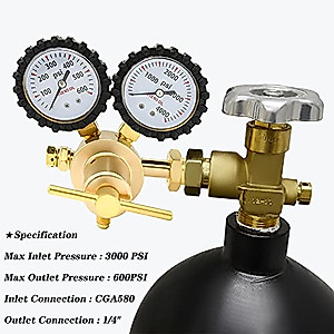 Nitrogen Regulator 0-600PSI CGA580 Inlet, 1/4-Inch Male Flare Outlet Connection, Heavy-Duty Handle, Self-reseating Relief Valve, Nitrogen Regulator Hvac, Helium Regulator, by NAKAO