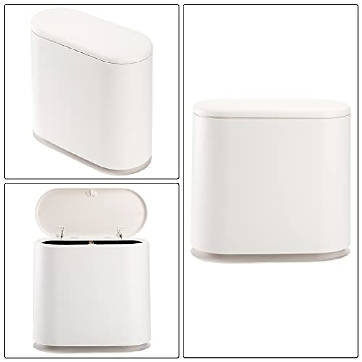 ZENFUN 2.6 Gallon Plastic Trash Can with Press Lid, Oval Slim Wastebasket Garbage Container Bin Bathroom Garbage Can for Living Room, Bedroom, Kitchen, Office, Easy to Clean, White