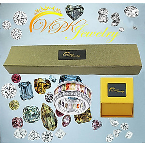 VPKJewelry 18K Gold Plated Rainbow Ring Wedding Band for Women Ladies Emerald Cut Multi Color Created-Gemstone Eternity Ring (Multicolor, 9)