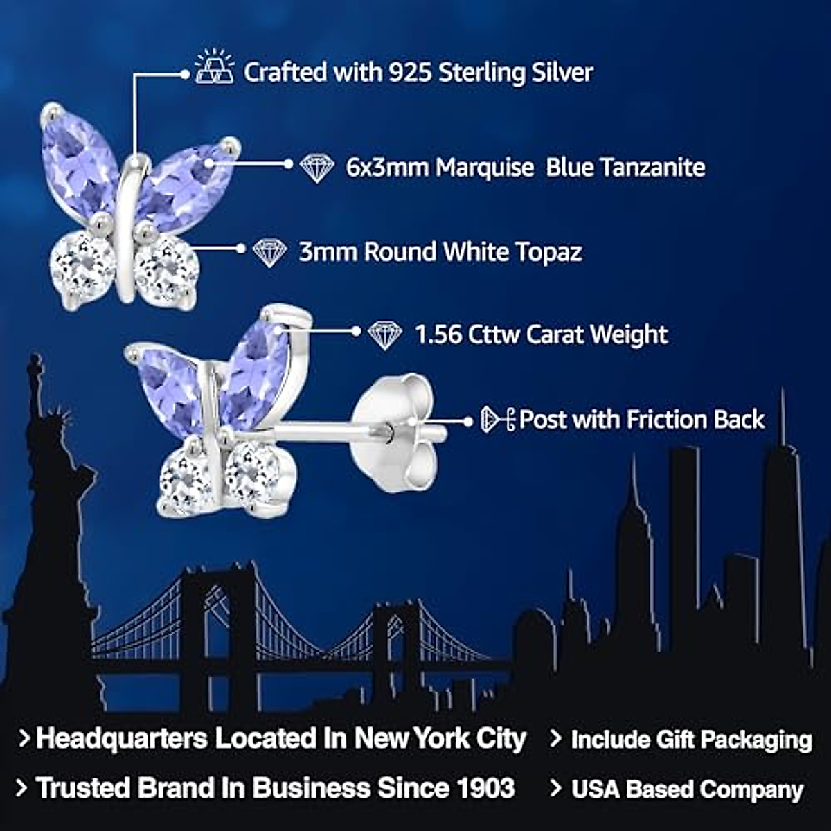 Gem Stone King 925 Silver Marquise Blue Tanzanite and White Topaz Butterfly Earrings For Women (1.56 Cttw, Gemstone December Birthstone, Center Stone: 6X3MM, Small Stones: 3MM)