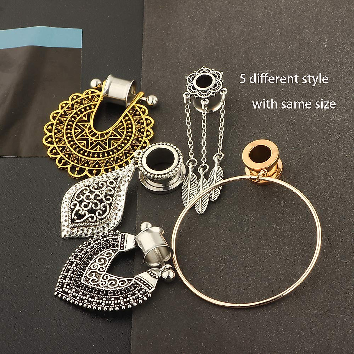 5 Pairs Stainless Steel Ear Tunnels Dangle Gauges For Women Rose Gold Hoop Double Flare Plugs Stretcher 00g Piercing Set (10mm=00g)