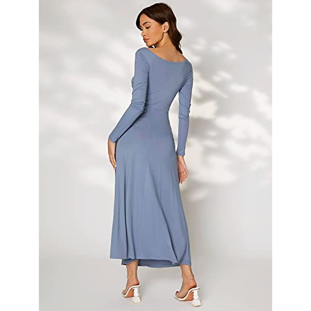 Floerns Women's Solid Boat Neck Long Sleeve Ruched Side Party A Line Long Dress Dusty Blue M