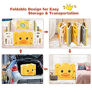 HONEY JOY Baby Play Yard, 16 Panel Psyduck Foldable Baby Gate Playpen, Anti-Slip Rubber Base & Suction, Indoor Safety Baby Fence for The House, Extra Large Anti-Fall Play Pen for Toddler
