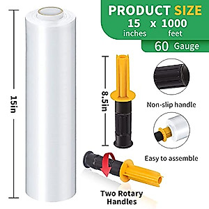 Stretch Film, HERKKA Stretch Wrap with Handles Industrial Strength, Moving Wrapping Plastic Roll, Shrink Wrap for Pallet Wrap, 15" x 1000 Feet, 4 Pack, 60 Gauge