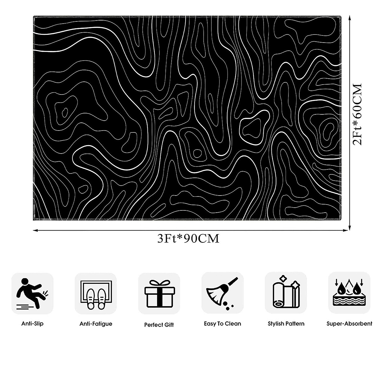 Entryway Rugs Black Topographic Map Non-Slip Washable Indoor Door Mat 2x3 Faux Wool Non-Slip Washable Low-Pile Floor Carpet for Indoor Front Entrance Kitchen Bathroom