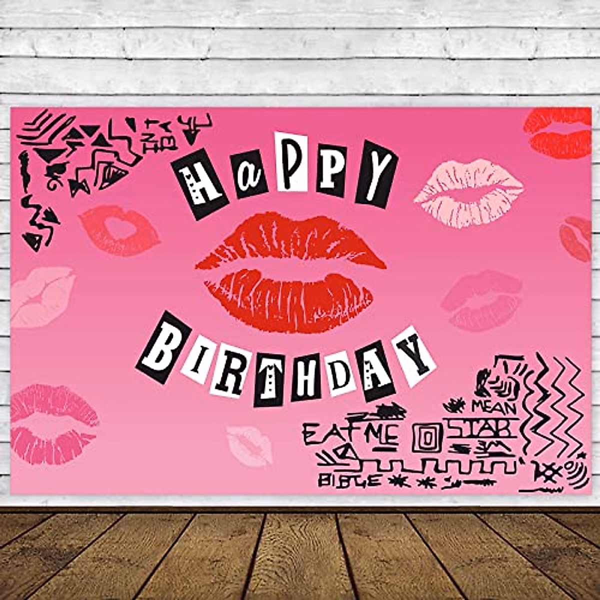 Hot Rose Pink Lip Happy Birthday Banner Backdrop Burn Book Theme Decorations Decor for Bridal Shower Wedding Night Out Hen Movie Party Bachelorette Party Girls Woman Birthday Party Favors Background