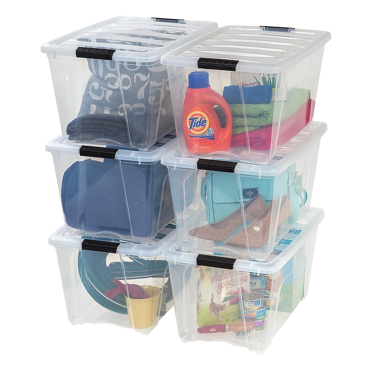 IRIS USA 53 Qt. Plastic Storage Container Bin, Large & 6 Quart Large Clear Plastic Storage Bins with Lids and Secure Latches, 6 Pack, Organizing Container, Clear/Violet