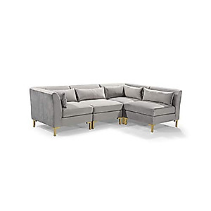 Iconic Home FSA9258-AN Girardi Modular Chaise Sectional Sofa Velvet Upholstered Solid Gold Tone Metal Y-Leg with 6 Throw Pillows Modern Contemporary, Grey