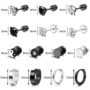 RIOSO 14Pairs Earrings for Men Women Surgical Stainless Steel Hypoallergenic Stud Earring Screw Back Stud Hoop Earring Set Men's Black Silver Earrings