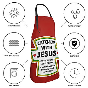 BAIFUMEN Catch Up With Jesus Christian Adjustable Bib Apron Waterdrop Resistant with Pockets Cooking Kitchen Aprons for Women Men Chef (33 x 28 Inches)