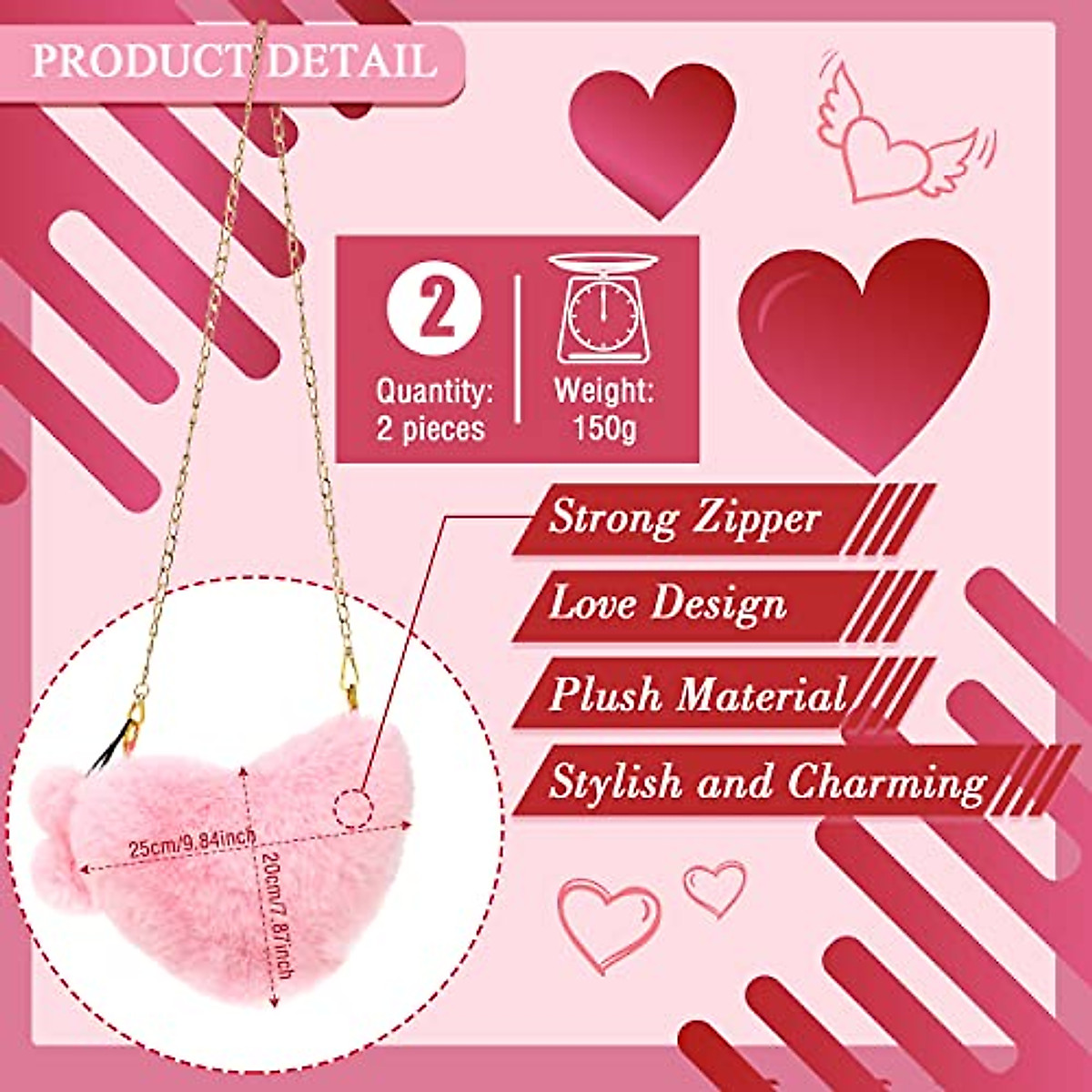 2 Pieces Furry Purse Soft Fluffy Faux Fur Heart Handbags for Women Girls Cute Christmas Valentines Day Gift (White, Pink)