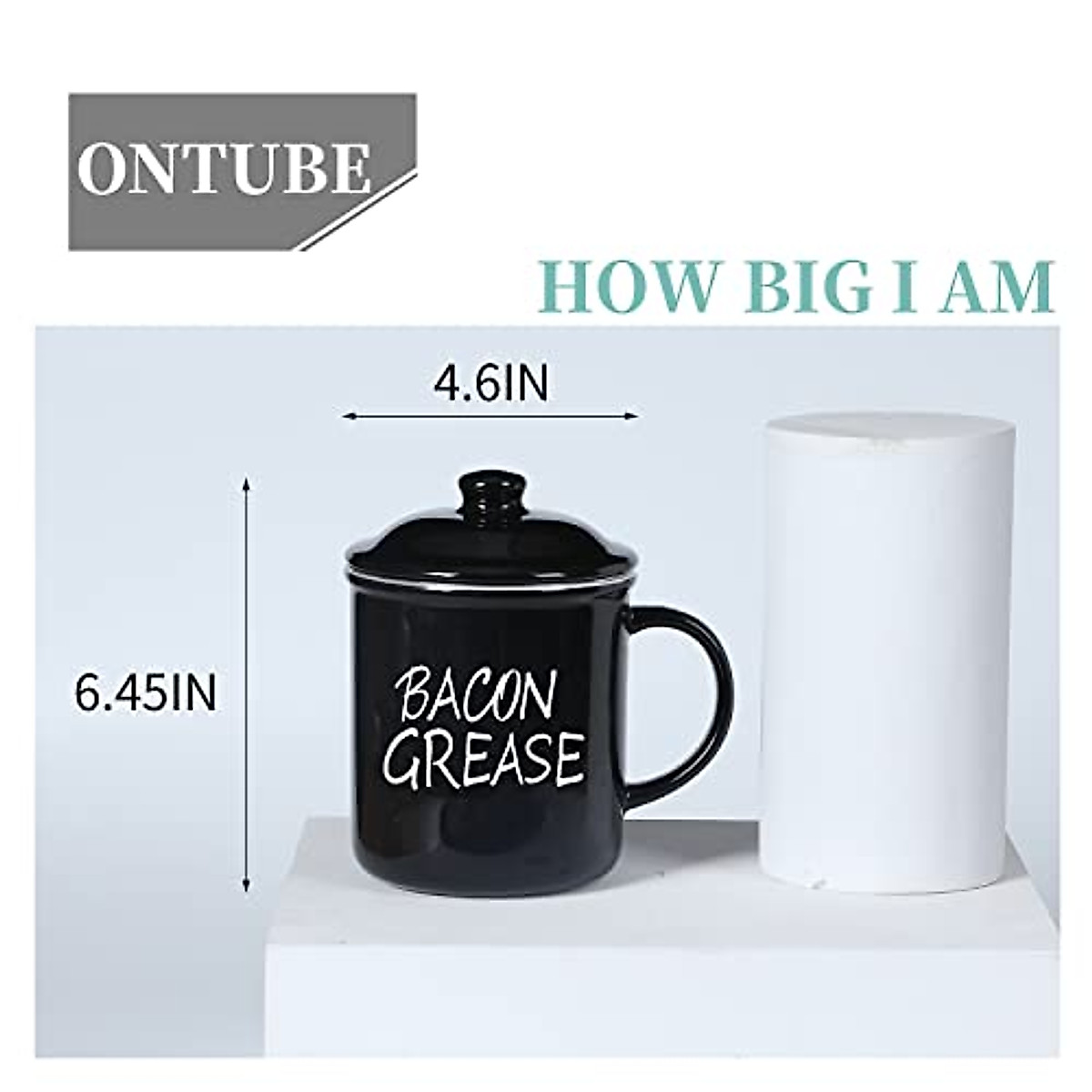 ONTUBE Ceramic Bacon Grease Container Keeper with Strainer (Black)