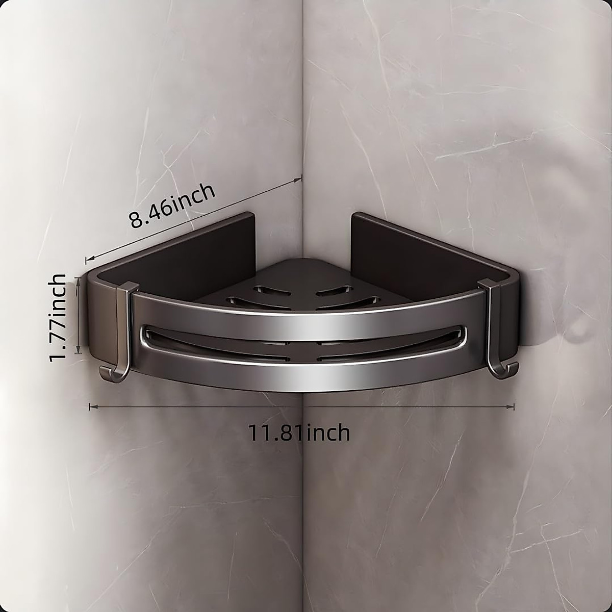 DOIAESKV 2 Pack Corner Shower Caddy with Hooks,No Drilling Aluminium Shower Organizer for Bathroom&Kitchen,Secure with Nail-free Glue,Rustproof Shower Rack Basket,Storage Accessories (Gunmetal)