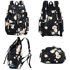 Backpack Women College Floral Bookbag Lady Travel Rucksack 15.6Inch Laptop Bag (Black peony)