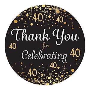 Black and Gold 40th Birthday Thank You Stickers - 1.75 in - 40 Labels