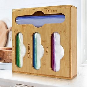 Caredear Bag Storage Organizer for Kitchen Drawer - 12.8" x 12" x 3" Bamboo Bag Organizer, Wall Mount Organizer for Gallon, Quart, Sandwich, Snack, Slider