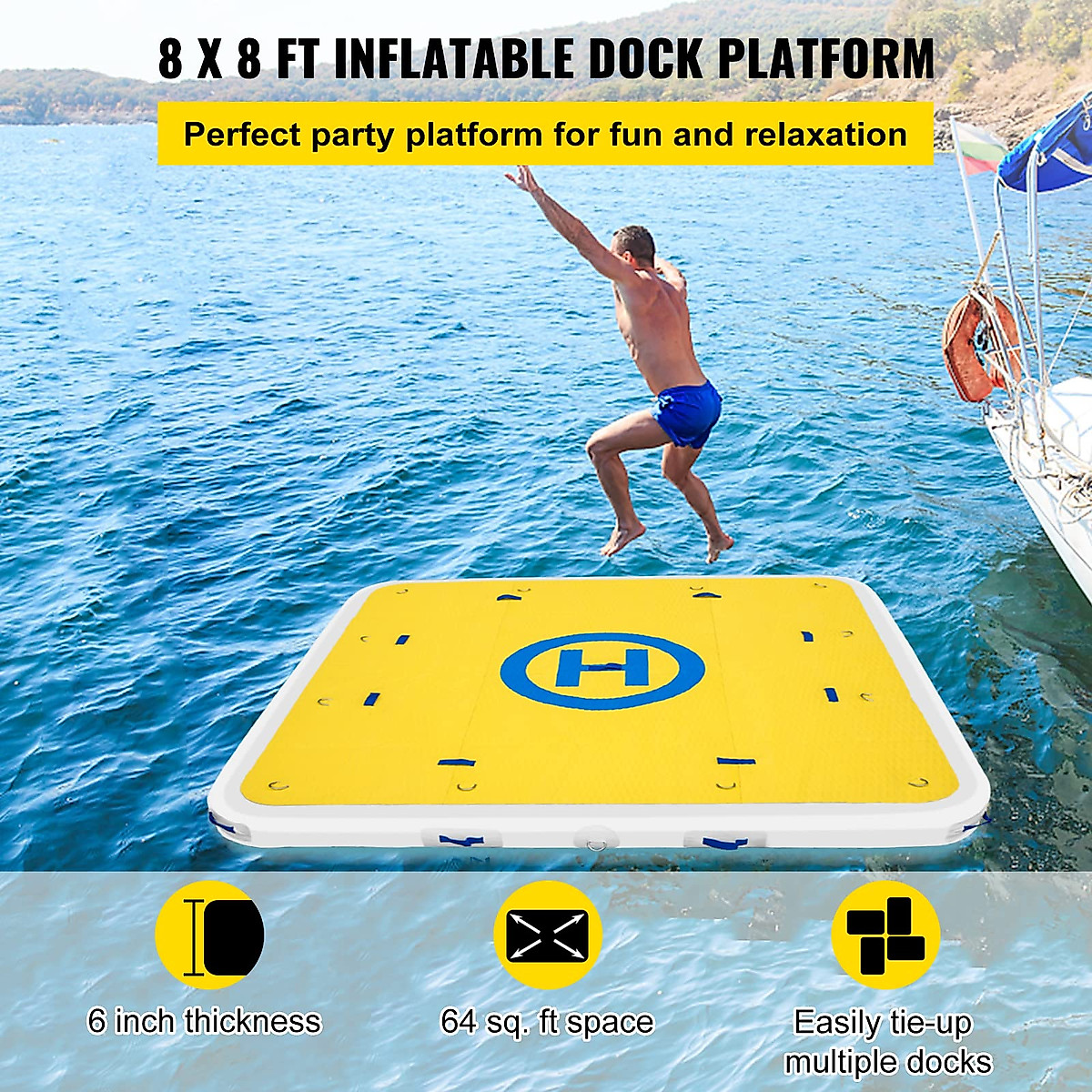 VEVOR Inflatable Dock Floating Platform, 8 x 8 ft, 3-5 Person Capacity, 6 inches Thick, Swim Dock with Hand Pump, Electric Air Pump & Storage Bag, Drop Stitch PVC Non-Slip Raft for Pool Beach Ocean