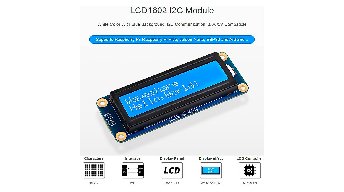 waveshare AiP31068 LCD1602 I2C Module,16x2 Characters Display, White Color with Blue Background ...