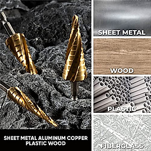 toolant Four Sprial Flute Step Drill Bit, 3/16"-7/8" Impact Ready Titanium Coated Unibit Step Bit, 1/4" Hex Shank Unibit for Metal, Stainless Steel, Aluminum, Wood, Plastic