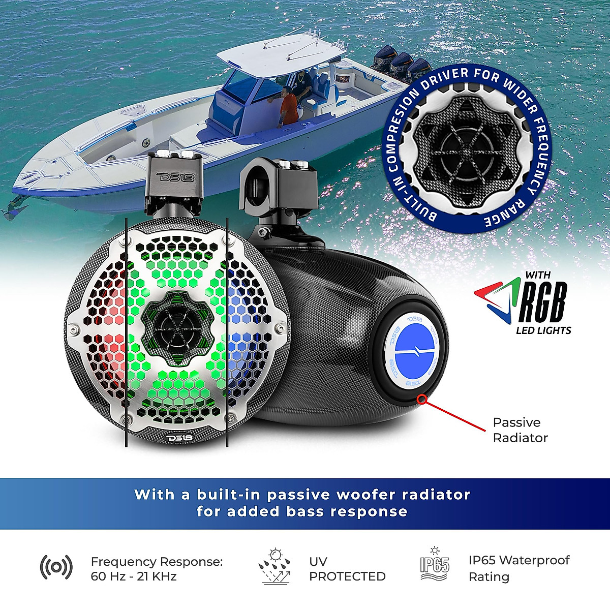 DS18 NXL-X8TPNEO/BK 8" Neodymium Marine Towers with Built-in Passive Radiator, 1" Driver and RGB LED Lights - High Performance, Marine Grade IP65 Rated, 550W Max 180W RMS 4 Ohms (Pair)