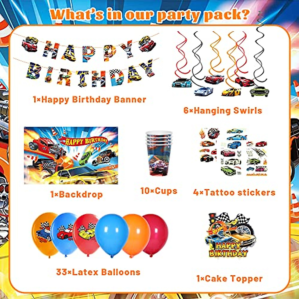169 PCS Race Car Birthday Party Supplies, Car Theme Decorations for Serves 10 Guests, Include Banner, Cupcake Toppers, Hanging Swirls, Backdrop, Tablewares, Balloons, Tablecloth and Tattoo Stickers