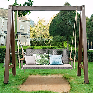 RELAX4LIFE 2-Seater Outdoor Porch Swing - Patio PE Rattan Hanging Swing Bench with Seat Cushion and Strong Hanging Ropes, Wicker Swing Loveseat Bench for Porch, Backyard, Garden, 800 lbs (Off White)