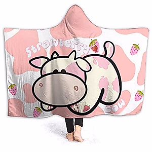 Strawberry Milk Cow Hooded Blanket Ultra Soft Wearable Throw Blanket Coral Fleece Blanket Hoodie Cloak for Sofa Lounge Bed Napping Large 80x60In （Queen） Adults