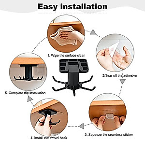 Under Cabinet Kitchen Hooks, 360° Rotating Hook with 6 Claws, Nail Free Adhesive Kitchen Utensils Hanging Hooks Utensil Rack for Kitchen Utensils,Tools,Towel(Pack of 4, Black)