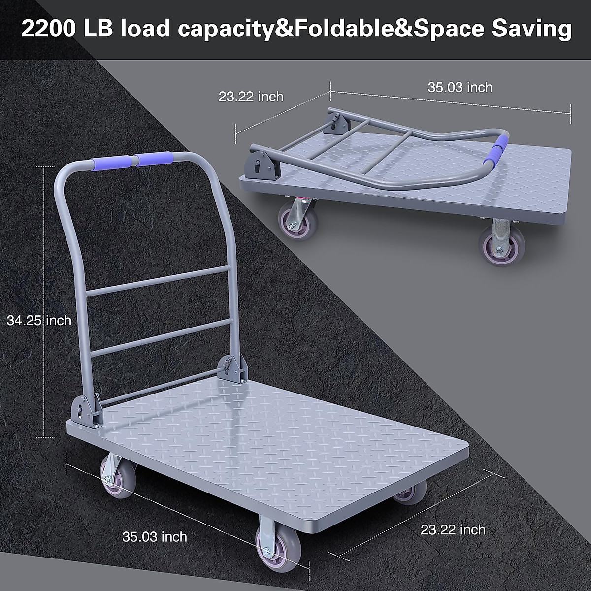 Heavy Duty Metal Platform Truck Cart,Flatbed Cart with TPR Rubber Wheels,2200LBS Capacity Steel Platform Cart,Flat Bed Carts with Wheels and Folding Handle,36"x24"Large Flatbed