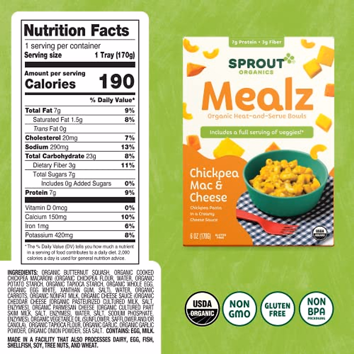 Sprout Foods Organics, Big Kid Mealz, Chickpea Mac & Cheese, Organic Microwavable 6 oz Bowl (8-count)