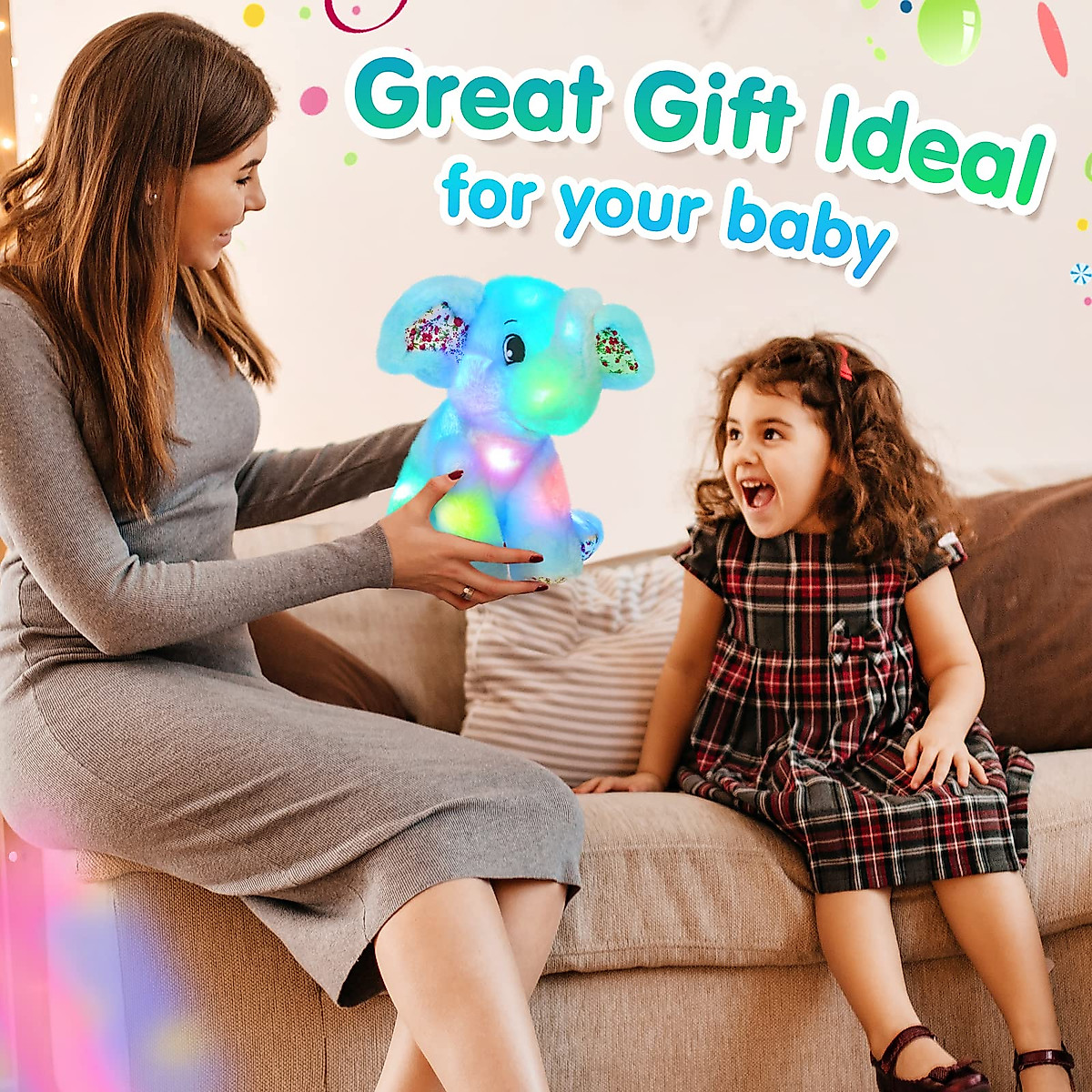 BSTAOFY Light up Elephant Soft Plush Toy Cozy Floppy LED Stuffed Animals Lullabies Nightlight Bedtime for Kids Birthday Valentines for Toddlers 12‘’