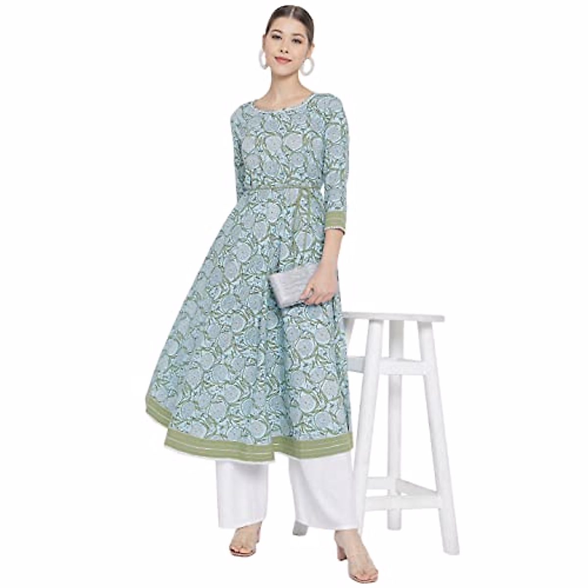 Yash Gallery Women's Plus Size Cotton Floral Printed Anarkali kurta (Blue)