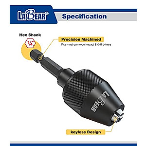 LaBear Drill Chuck Keyless Mini 3-Jaw Adapter with Quick-change 1/4" Hex Shank to Hold 1.5-6mm Alloy Black Drill Bits Milling Cutters