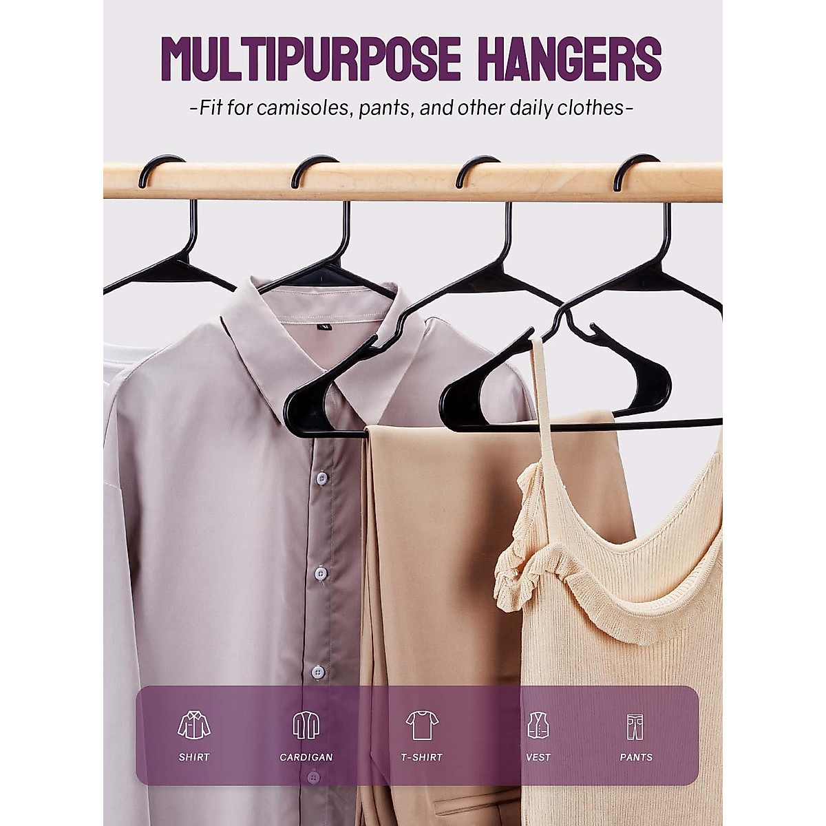 Pretigo 50 Pack Black Plastic Hangers Bulk | 50 100 Pack Available | Clothes Hangers Plastic, Black Hangers Plastic, Lightweight Plastic Hanger as Closet Hangers, Clothing Hangers - Hangers 50 Pack