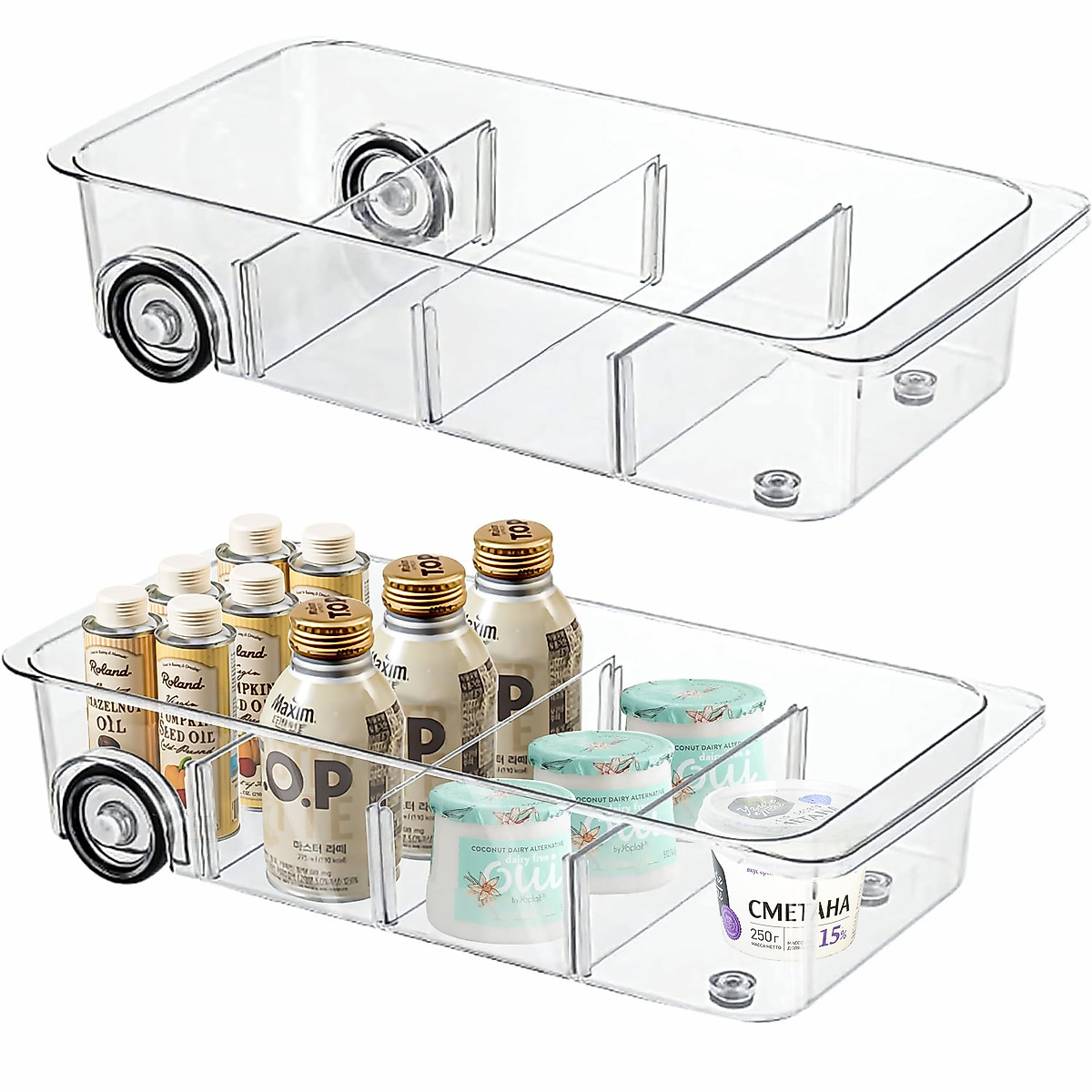 MANO 2 Pack Divided Rolling Refrigerator Tray Clear Roll Out Fridge Caddy Organizer with Wheels for Veggie Pantry Snackle Box Under Sink Bathroom Organizer and Storage Bins