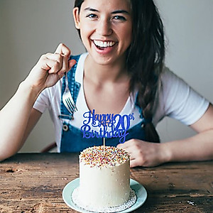 1 PCS Happy 20th Birthday Cake Topper Glitter Cheers to 20 Years Birthday Cake Pick Twenty 20 Fabulous Cake Decoration for Happy 20th Birthday Theme Party Decorations Supplies Blue