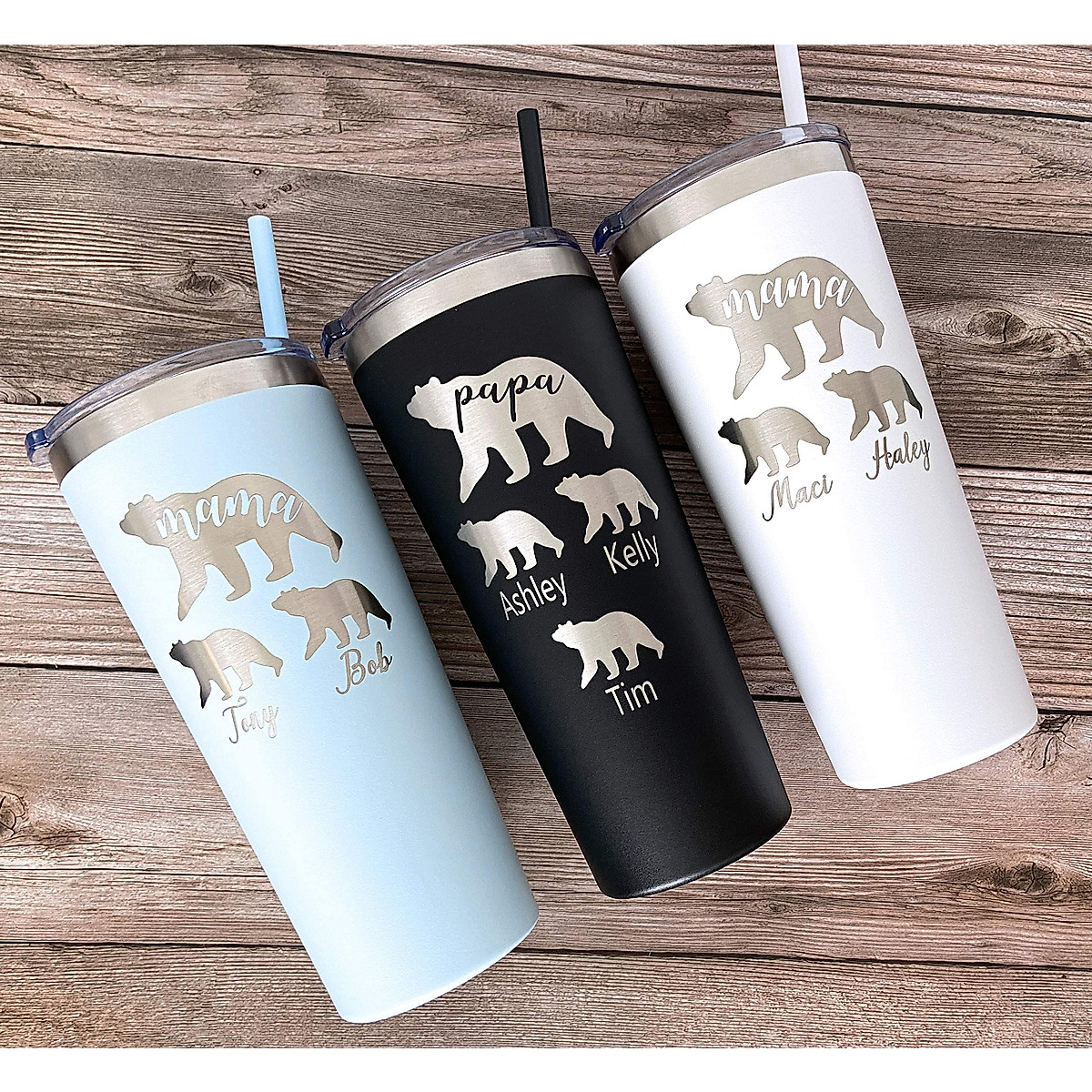Personalized Laser Engraved 22 oz Stainless Steel Tumbler with Custom Mama/Papa Bear and Cubs - Includes Straw and Lid - Bear, Mama, Papa, Cubs, Parent Gift, Mother's Day Gift, Father's Day Gift