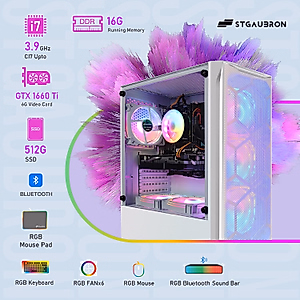 STGAubron Gaming PC Computer Desktop, GeForce GTX 1660 Ti 6G, Intel Core I7 up to 3.9 GHz, 16G RAM, 512G SSD, WiFi, BT 5.0, RGB Fan x 6, RGB BT Sound Bar, Windows 10 Home, White