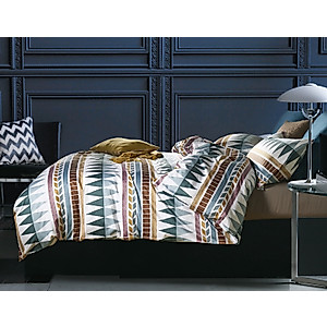 Bohemian Duvet Cover Striped Ethnic Boho Reversible Southwestern 400TC Cotton Bedding 3pc Set Navy White Orange Modern Geo Aztec Print (Queen, Teal Rust)