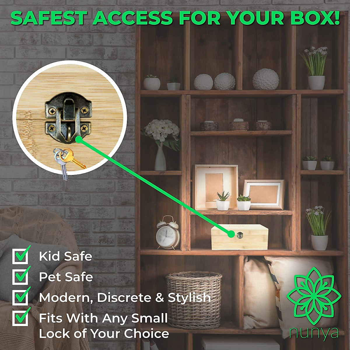 Improved. Nunya Large Storage Box for Herbs with Accessories, a Storage Container with Accessories, 5 pc kit w/ 3 Glass Jars and Rolling Tray