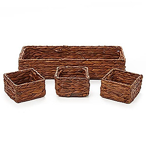 Americanflat Water Hyacinth Storage Baskets - Set of 4 - Handwoven and Decorative for Organizing at Home - 1 Large and 3 Small Wicker Nesting Baskets (Walnut Color)