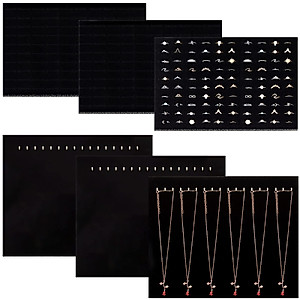 Yinkin 6 Pcs Black Velvet Jewelry Tray Display Organizer 100 Slots Ring Holder 17 Hook Necklace Display Stands for Selling Ring Display Foam Inserts