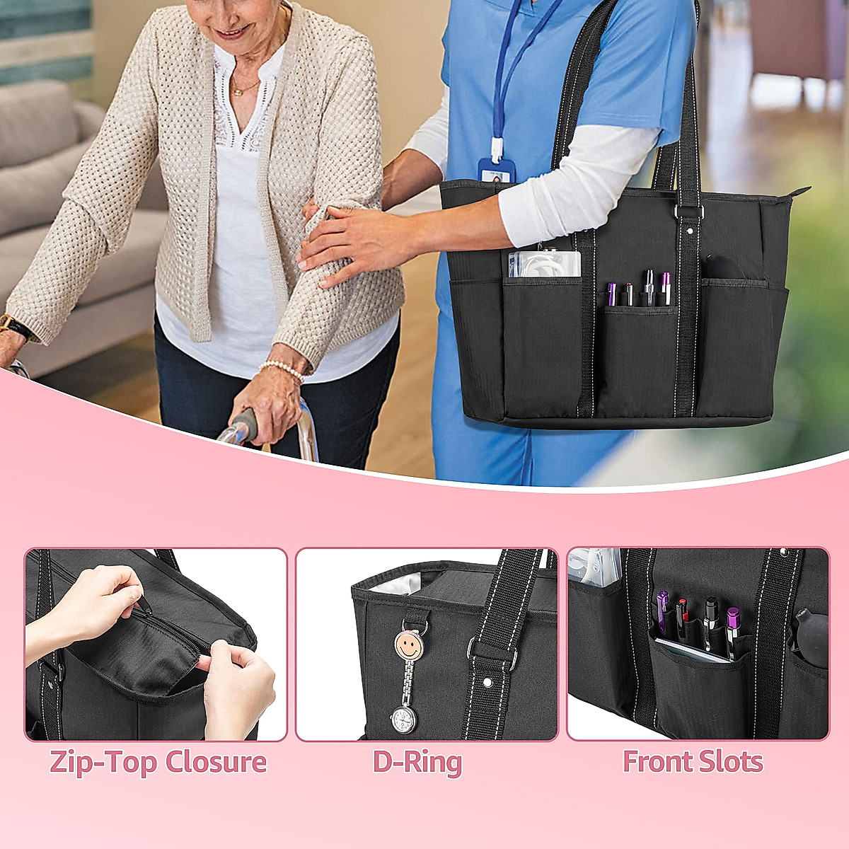 Damero Nurse Tote Bags, Nurse Bag with Padded Laptop Sleeve and Mutiple Pockets for Work, Home Health Care, Black