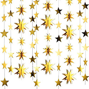 Bememo Christmas Star Garland 3D Hanging Paper Mixed Sizes Sparkly Star Banner for Christmas Tree Kid Room Wedding Birthday Party Decorations, 6 Pieces 65.6 Feet (Gold)