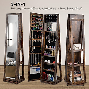 BOSTANA Jewelry Armoire 65" H, Full Length Mirror with Storage 360° Swivel, Lockable Standing Jewelry Cabinet Organizer with Storage Shelves Interior Mirror, Gift Idea, Brown