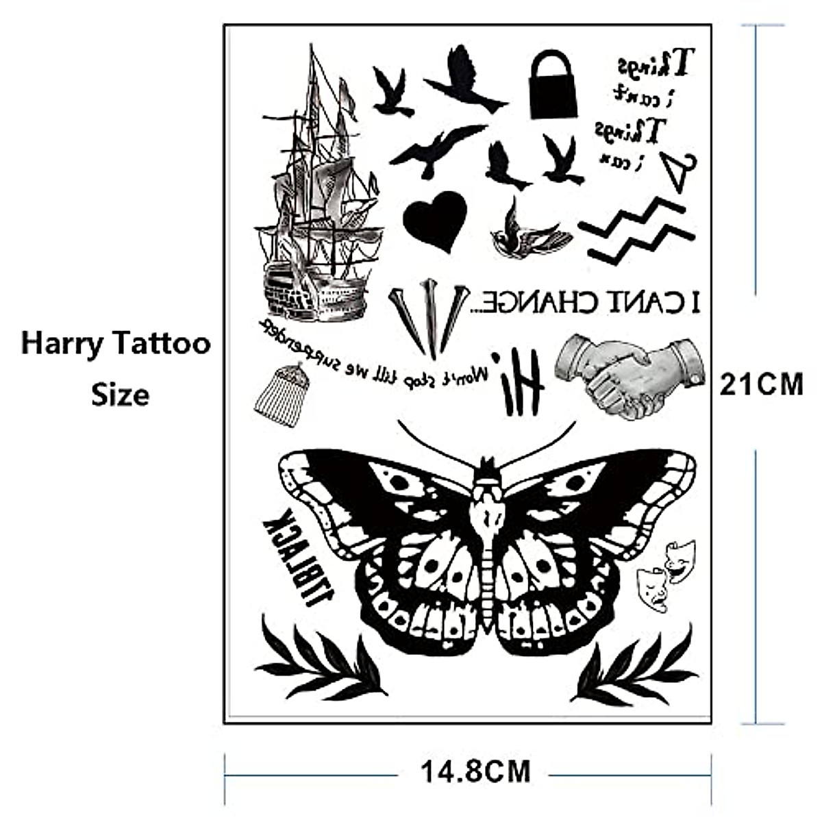 Harry Inspired Temporary Tattoo Bundle Harry Costume Cosplay Tats With Butterfly, Ship, And Nail Pattern Body Paint Styles Tattoos
